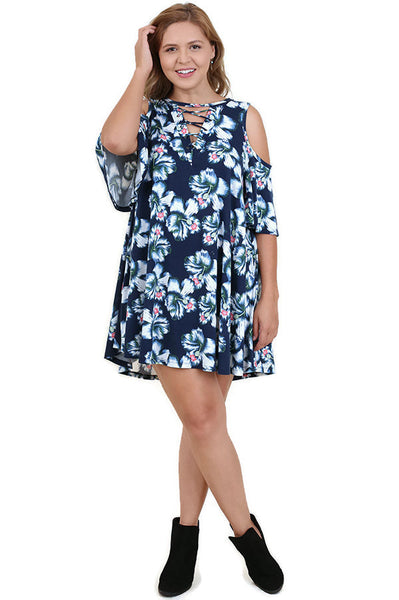 Floral Cold Shoulder Criss Cross Dress, Navy – Violet Skye Boutique