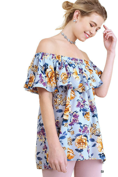 umgee Off The Shoulder Floral Print Top, Sky – Violet Skye Boutique